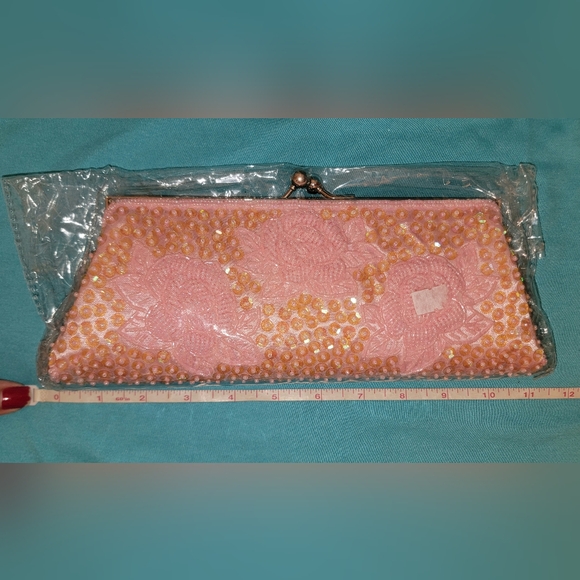 Bags | Embellished Beaded Sequin Pink Clutch Party Purse Rose Design ...